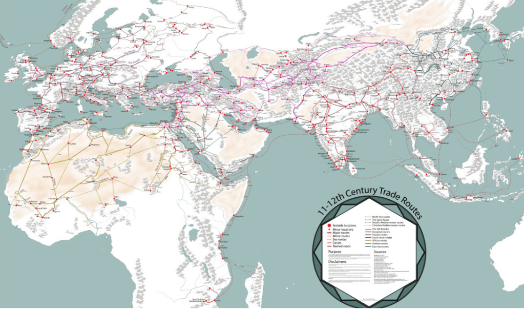 A Map of Trade Routes in the 11th and 12th Century in the Old World ...