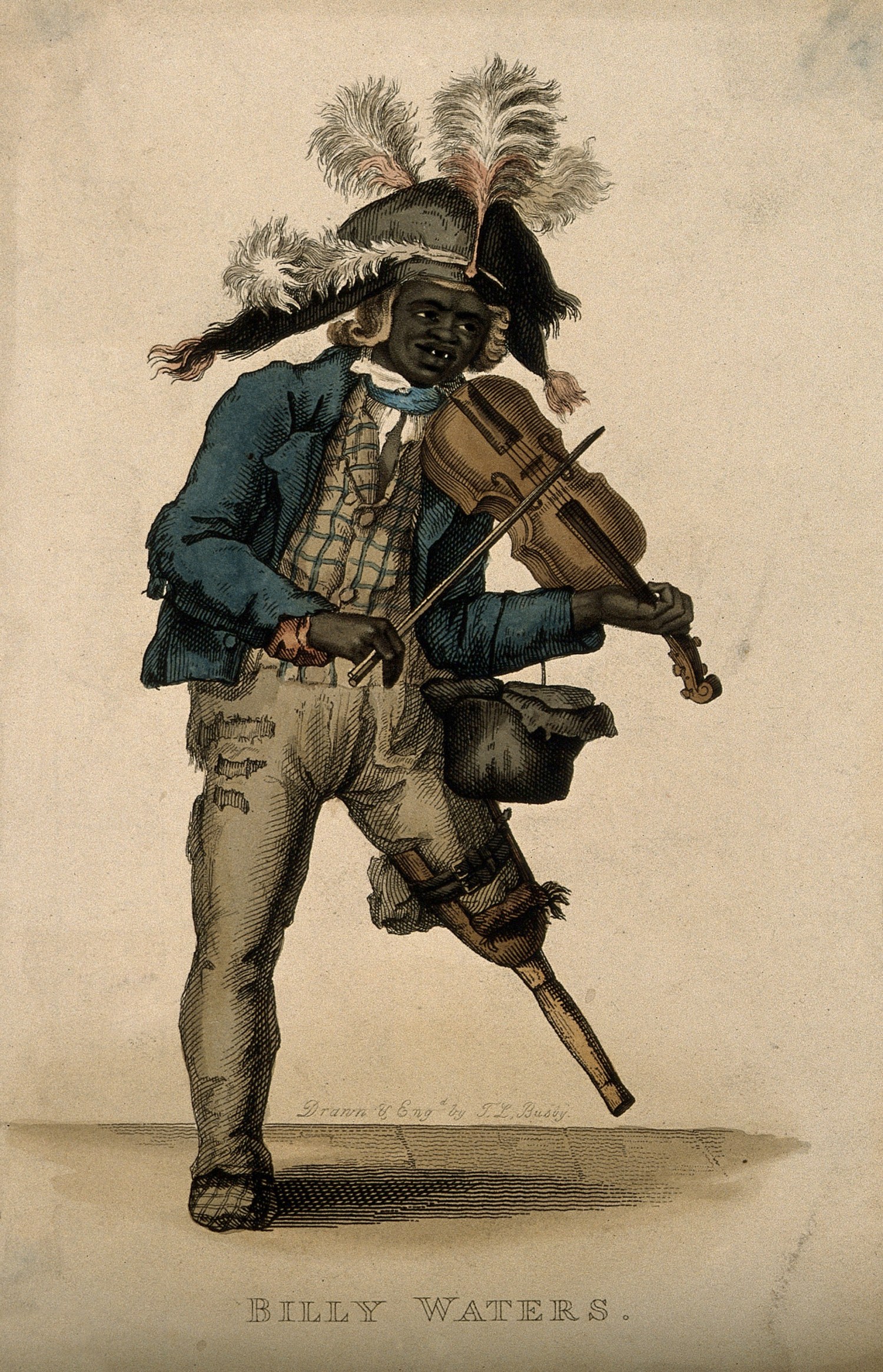 V0007298 Billy Waters, a one-legged busker. Coloured engraving by T.L ...